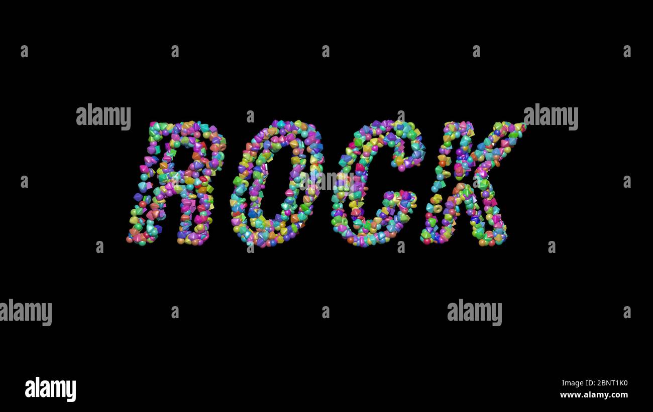 Colorful 3D writting of rock text with small objects over a dark ...