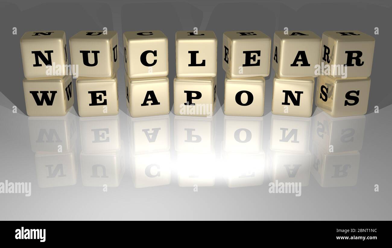 NUCLEAR WEAPONS arranged by golden cubic letters on a mirror floor ...