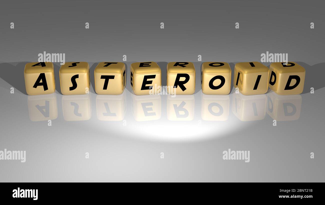Asteroid built by golden cubic letters from the top perspective ...