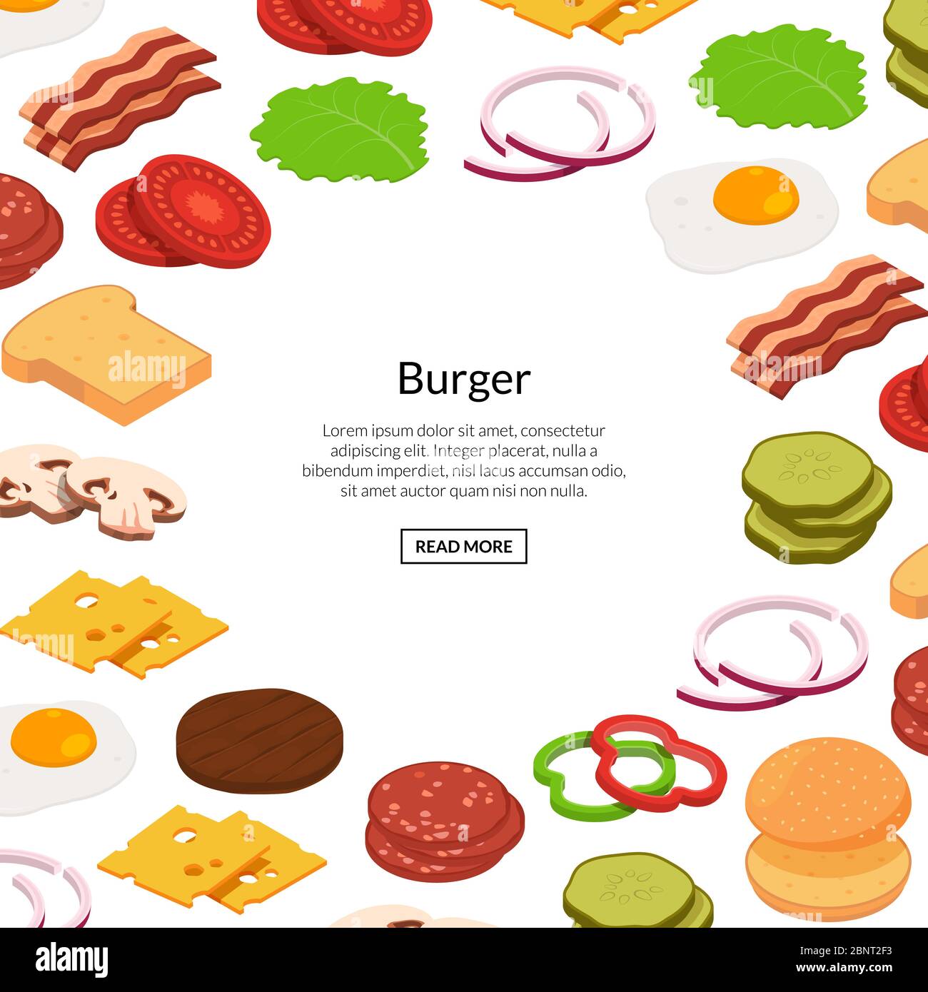 Vector isometric burger ingredients background. Banner and poster Stock ...