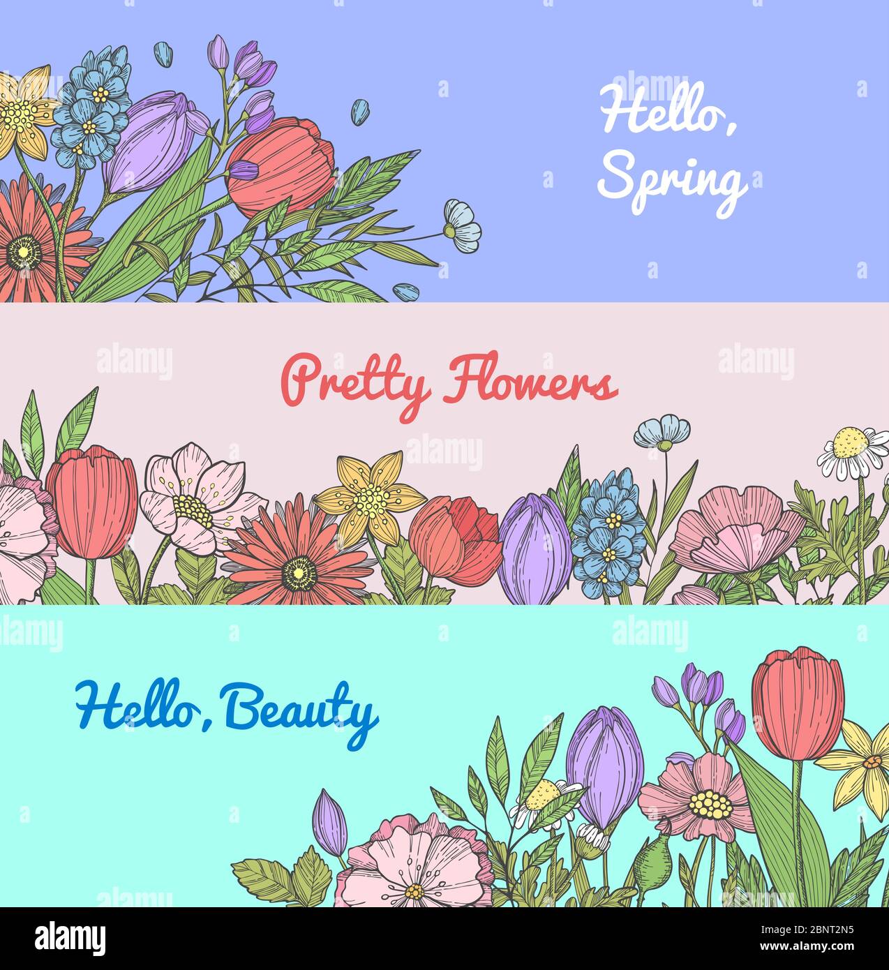 Vector hand drawn flowers web banner templates illustration Stock ...