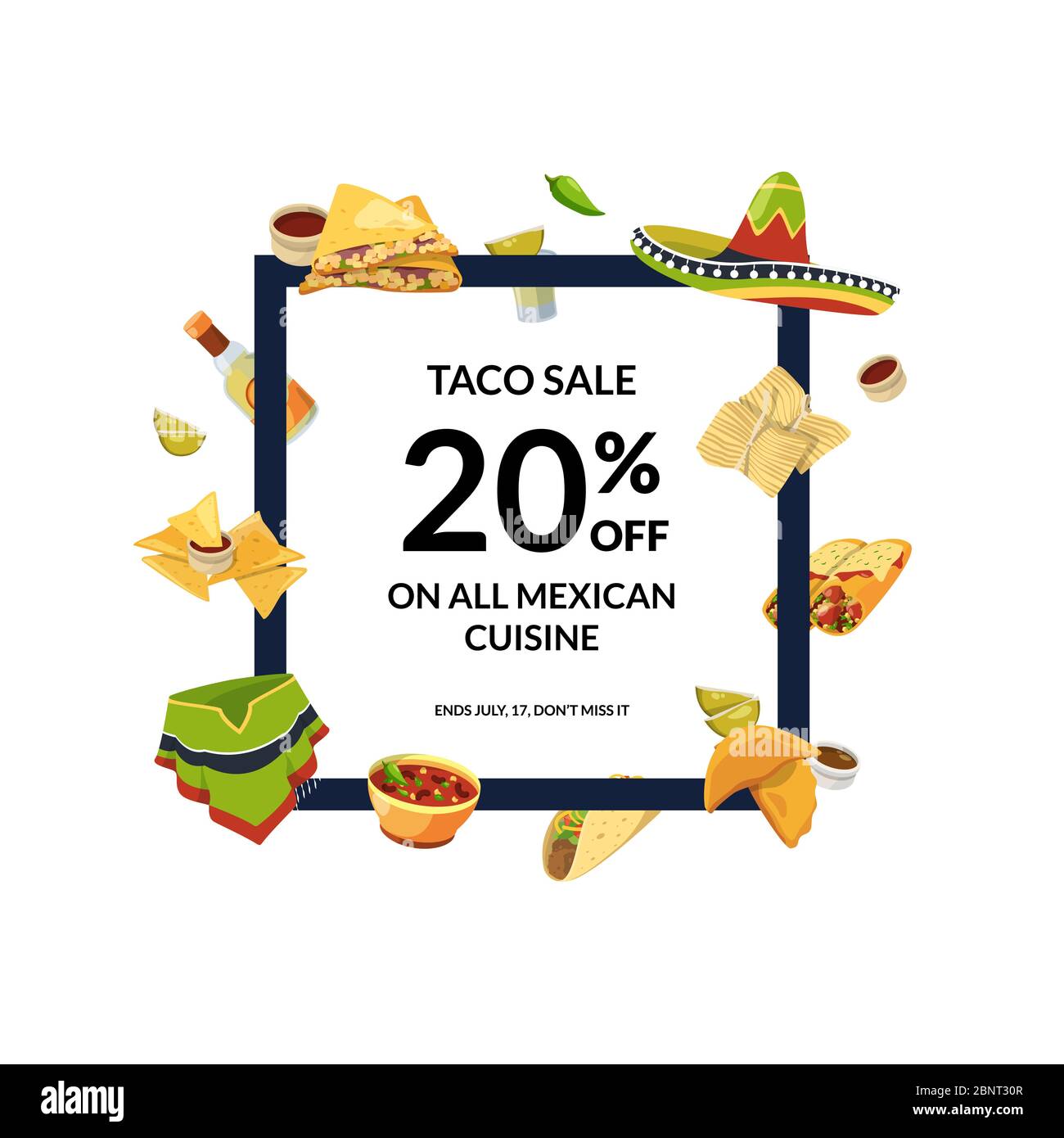 Vector cartoon mexican food flying around frame with place for text ...