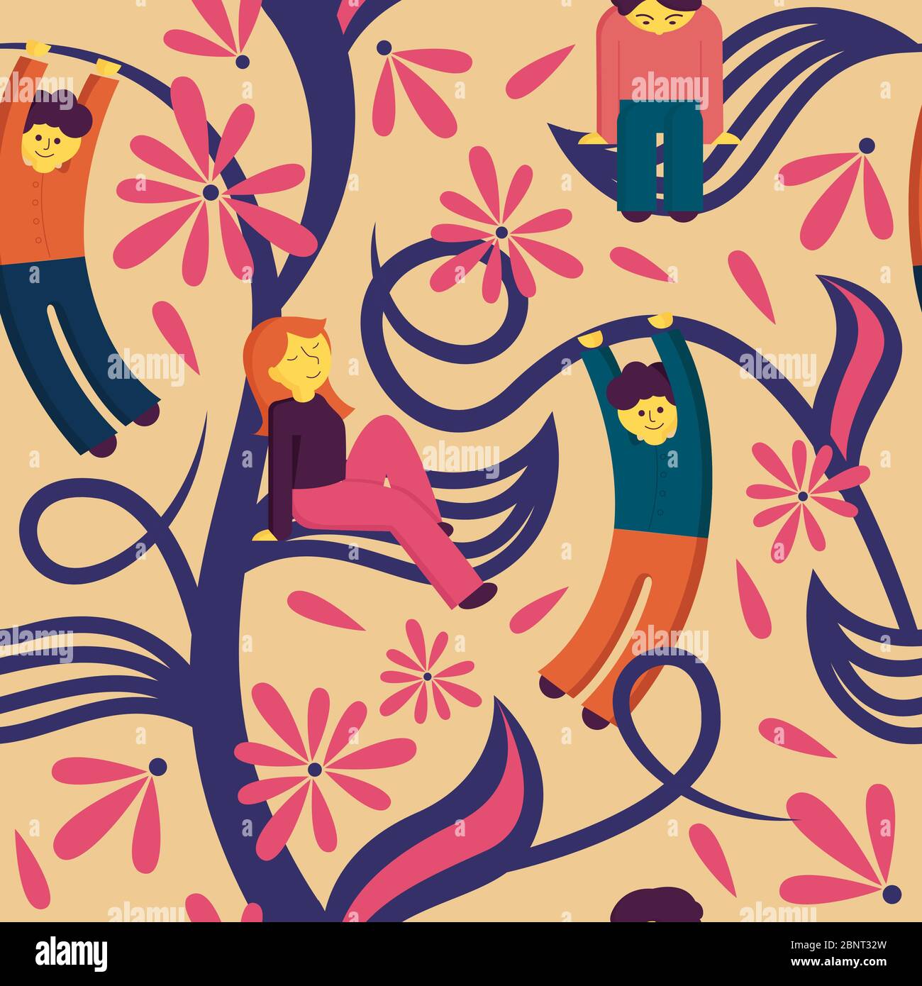 Happy cartoon people relaxing on leaf seamless pattern vector flat ...