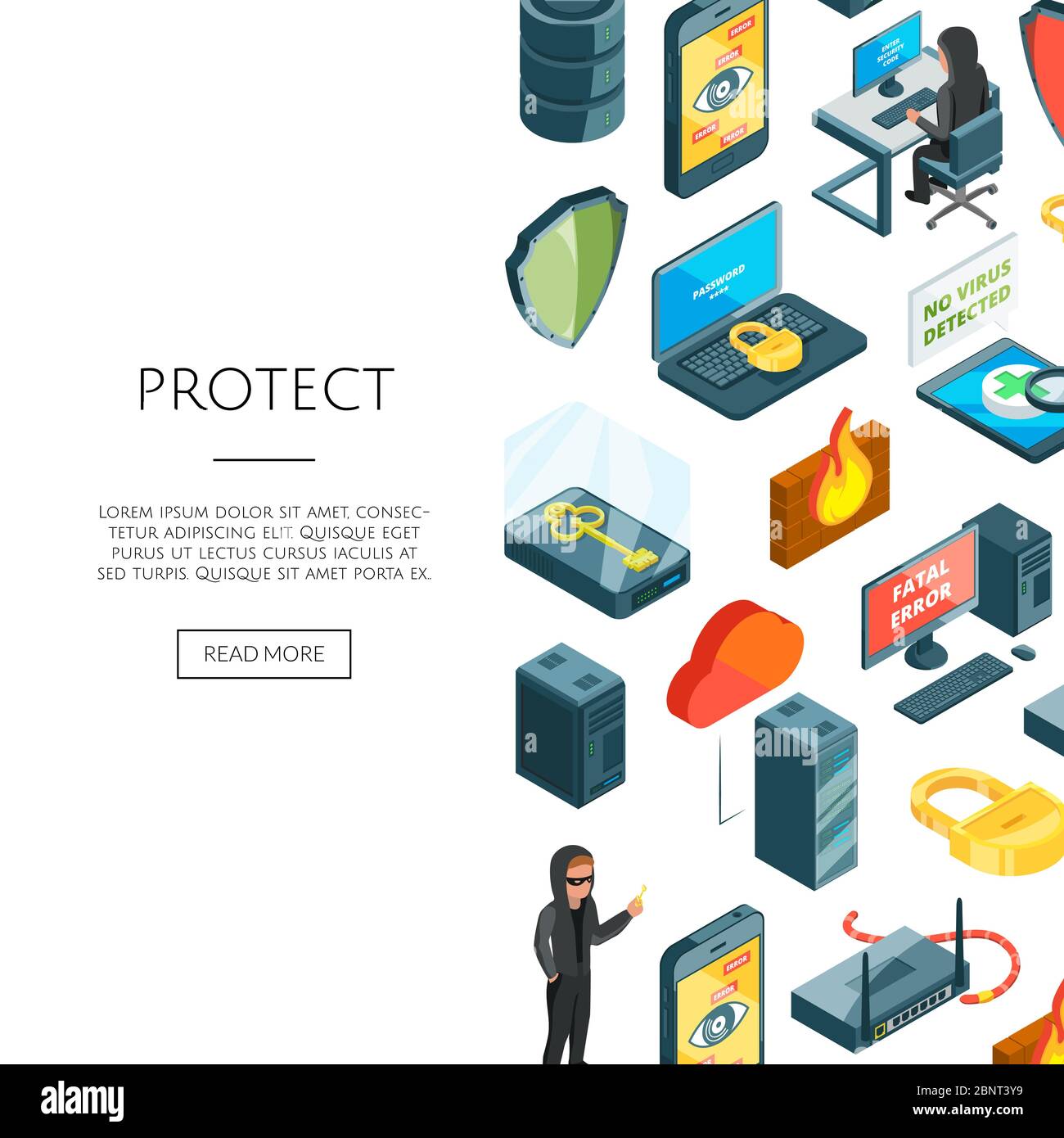 Vector isometric data and computer safety icons background with place ...