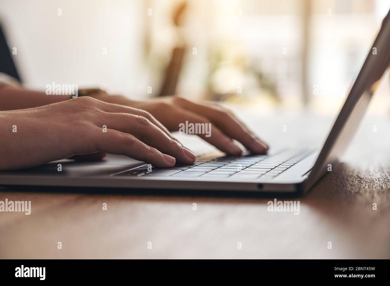 Closeup image of woman's hands using and typing on laptop keyboard on ...