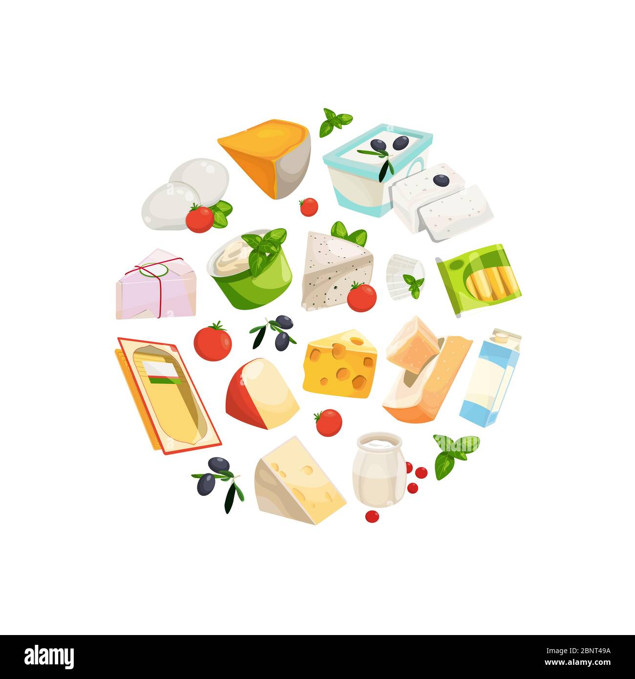Vector cartoon dairy and cheese products in circle shape illustration ...