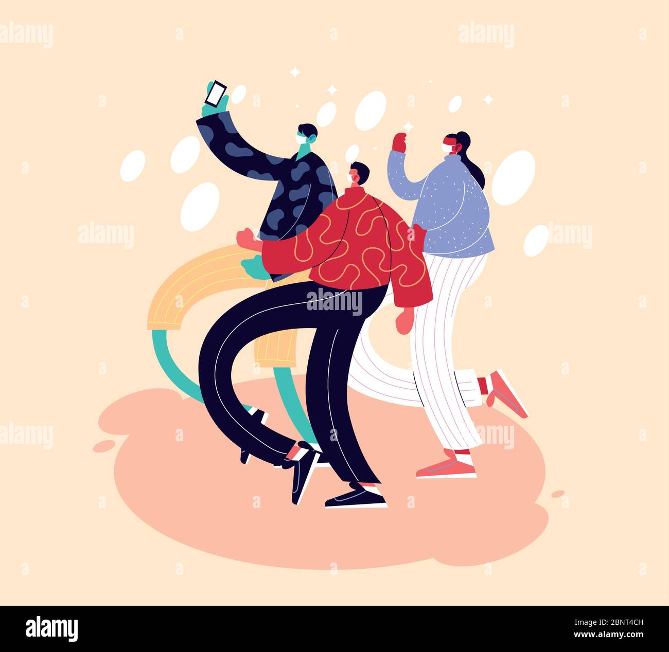 group people celebrating using face mask vector illustration design ...