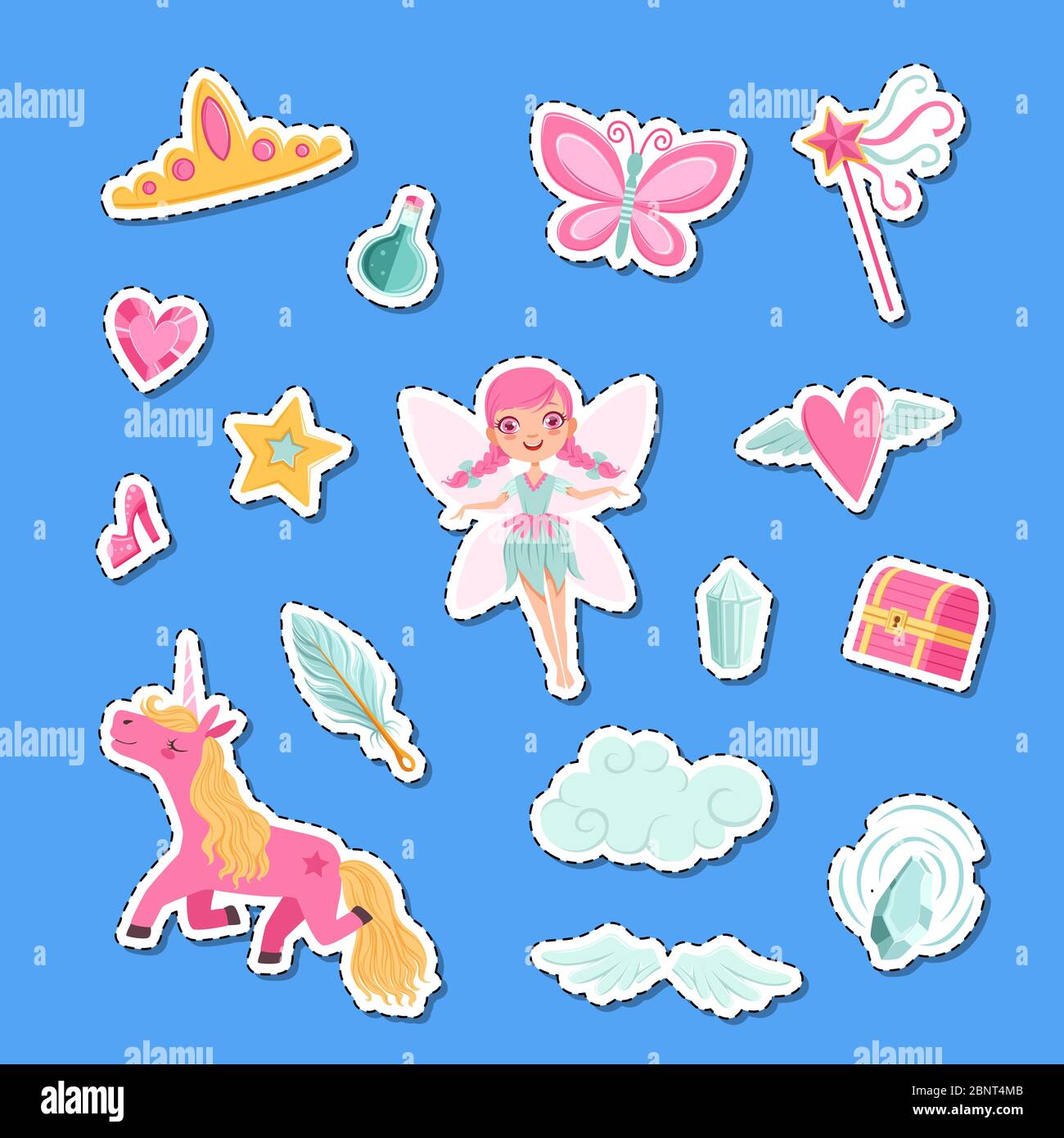 Vector cute cartoon magic and fairytale elements stickers set ...