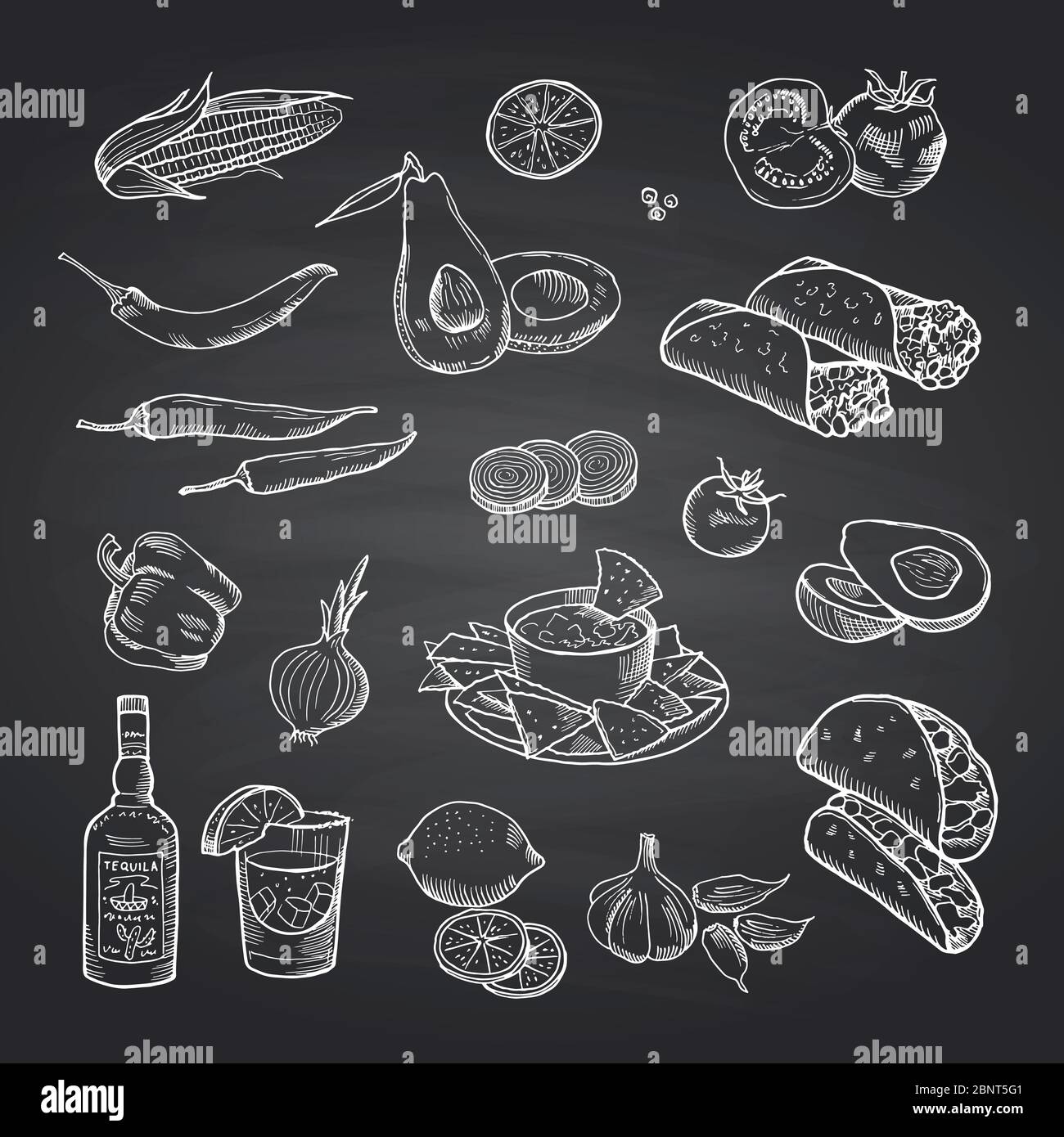 Vector sketched mexican food elements set on black chalkboard Stock ...