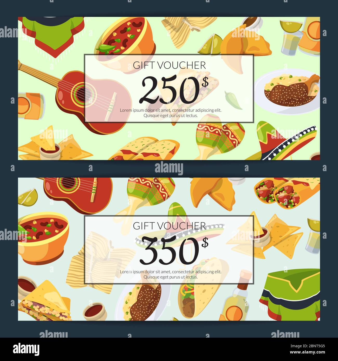 Vector cartoon mexican food discount or gift voucher templates ...