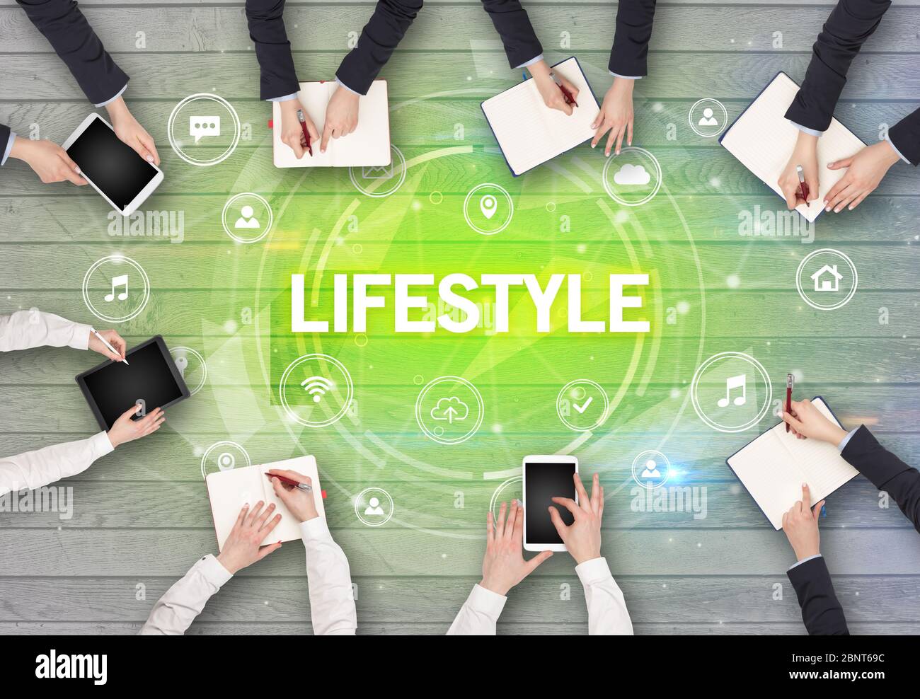 Group of people having a meeting with LIFESTYLE insciption, social ...