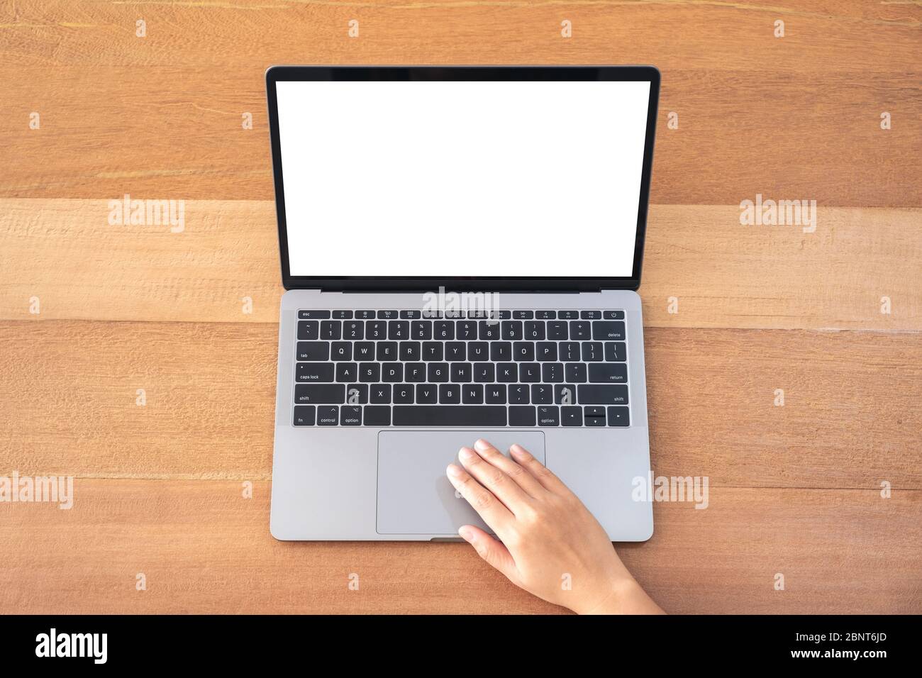 Top view mockup image of hand using and touching on laptop touchpad ...