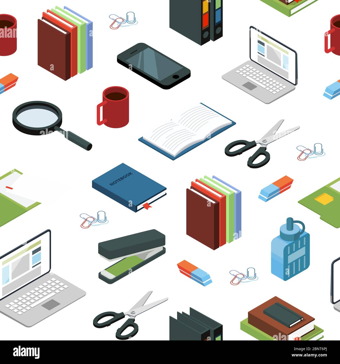 Vector isometric office stationery elements background or pattern ...