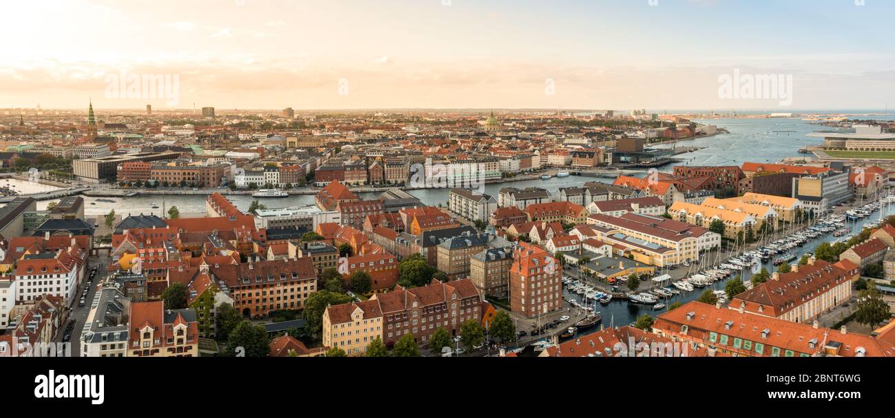 Panoramic top view of the Copenhagen channels from the Christianshavn ...