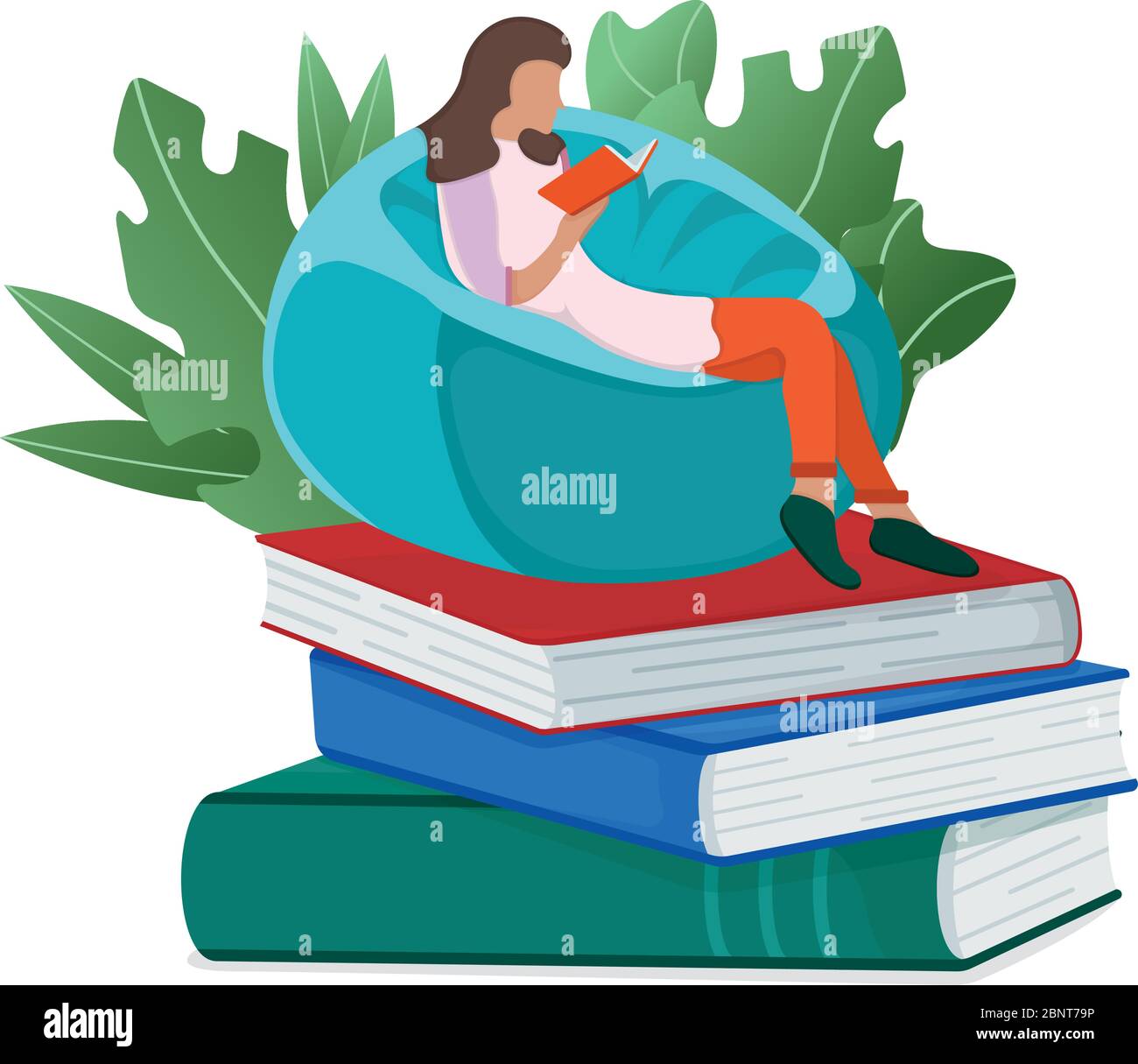 Concept online study, tiny woman sitting book stack isolated on white ...