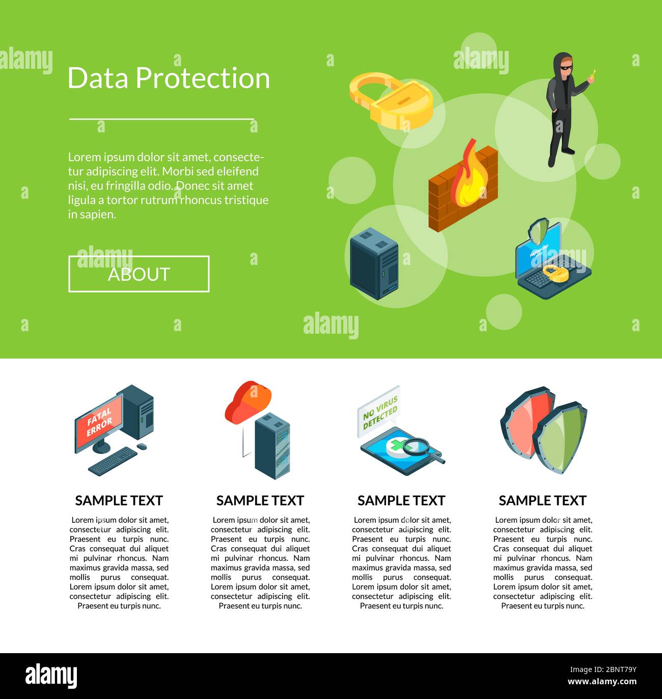Vector isometric data and computer safety icons landing page template illustration Stock Vector ...