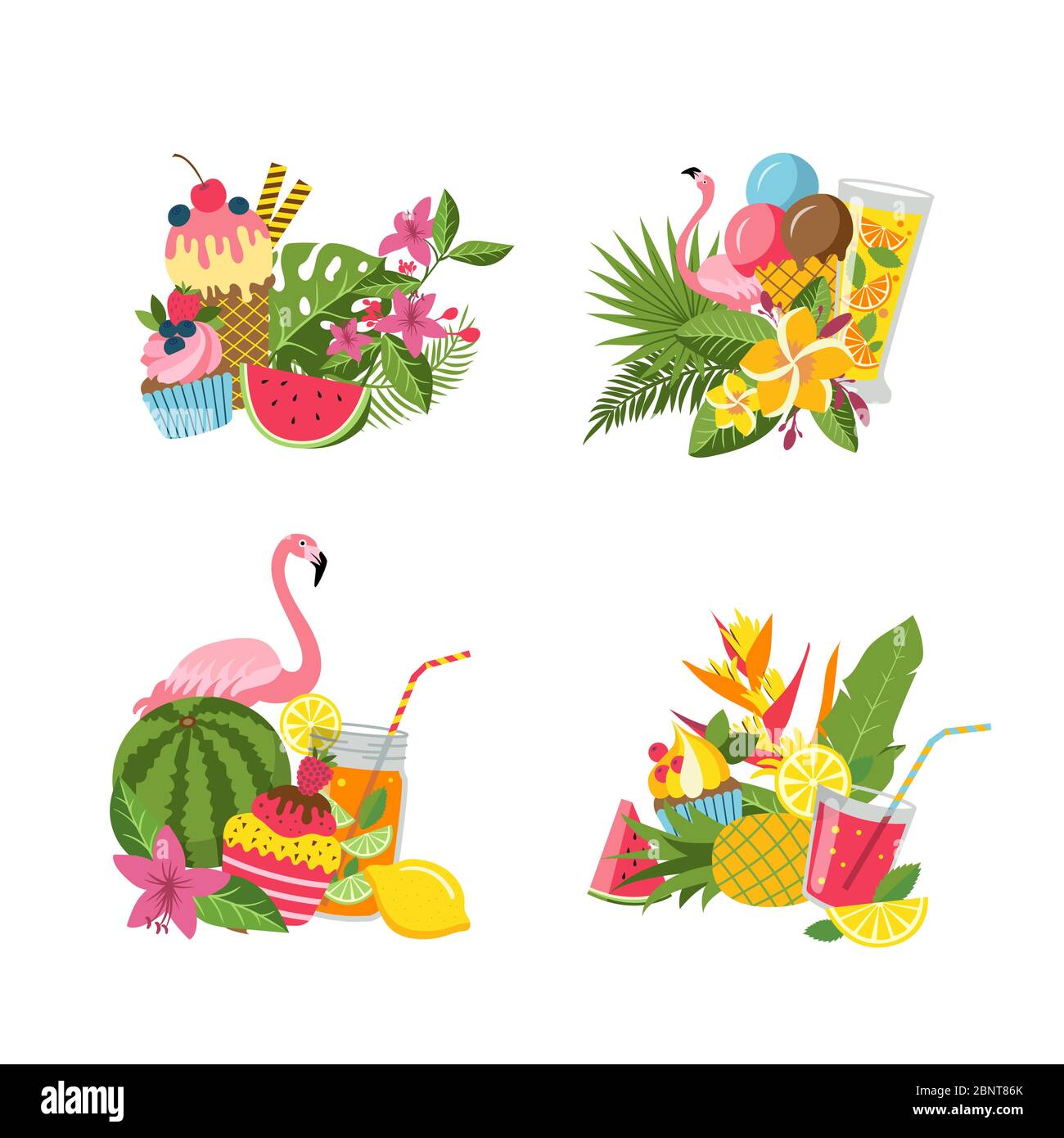 Vector flat cute summer elements, cocktails, flamingo, palm leaves ...