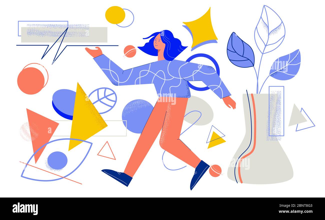 Cartoon female creative person designer surrounded by different ...