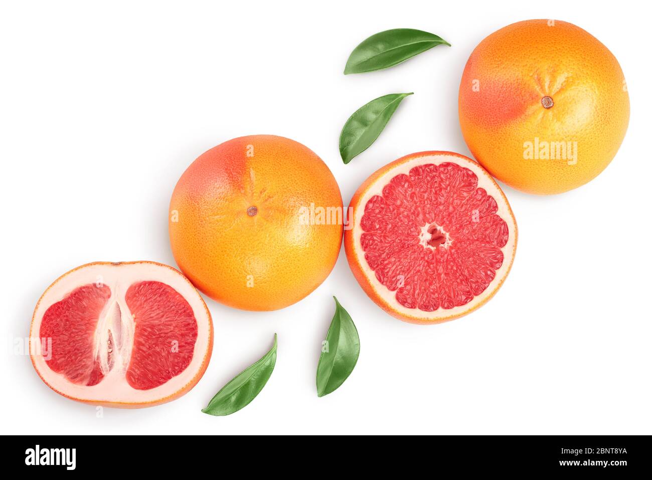 Grapefruit and slices with leaves isolated on white background. Top ...