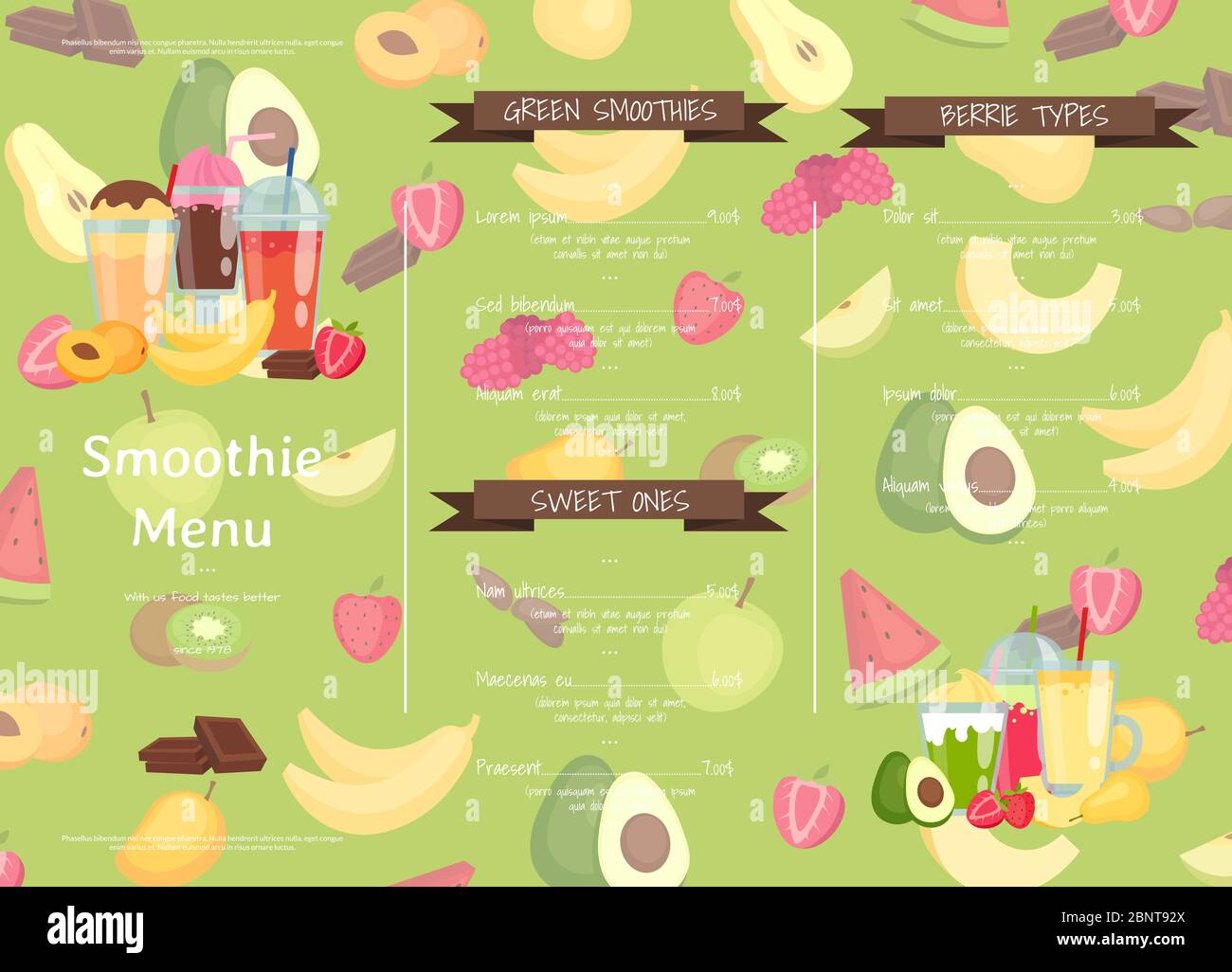 Vector flat smoothie cafe or restaurant menu template illustration ...