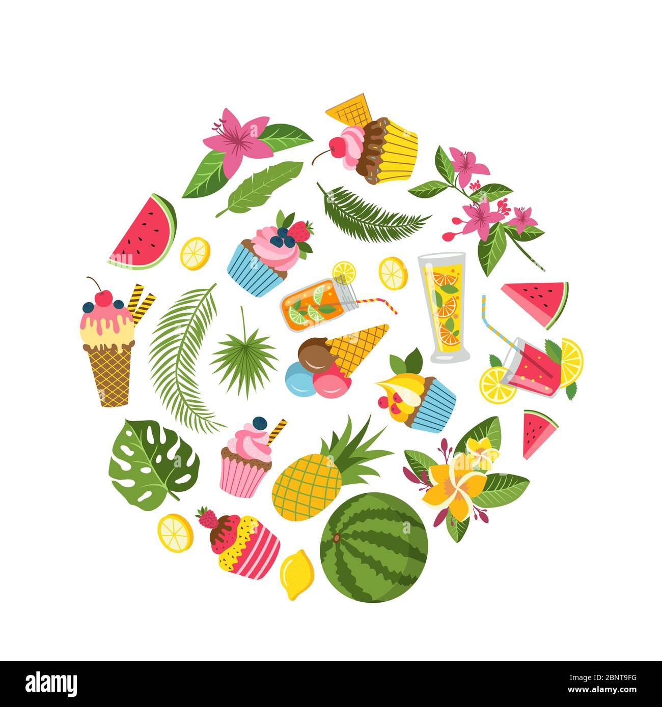 Vector flat cute summer elements, cocktails, flamingo, palm leaves ...