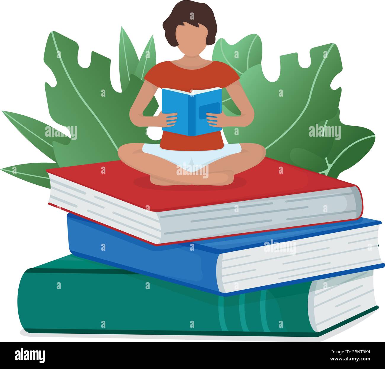 Concept online study, tiny woman sitting book stack isolated on white ...
