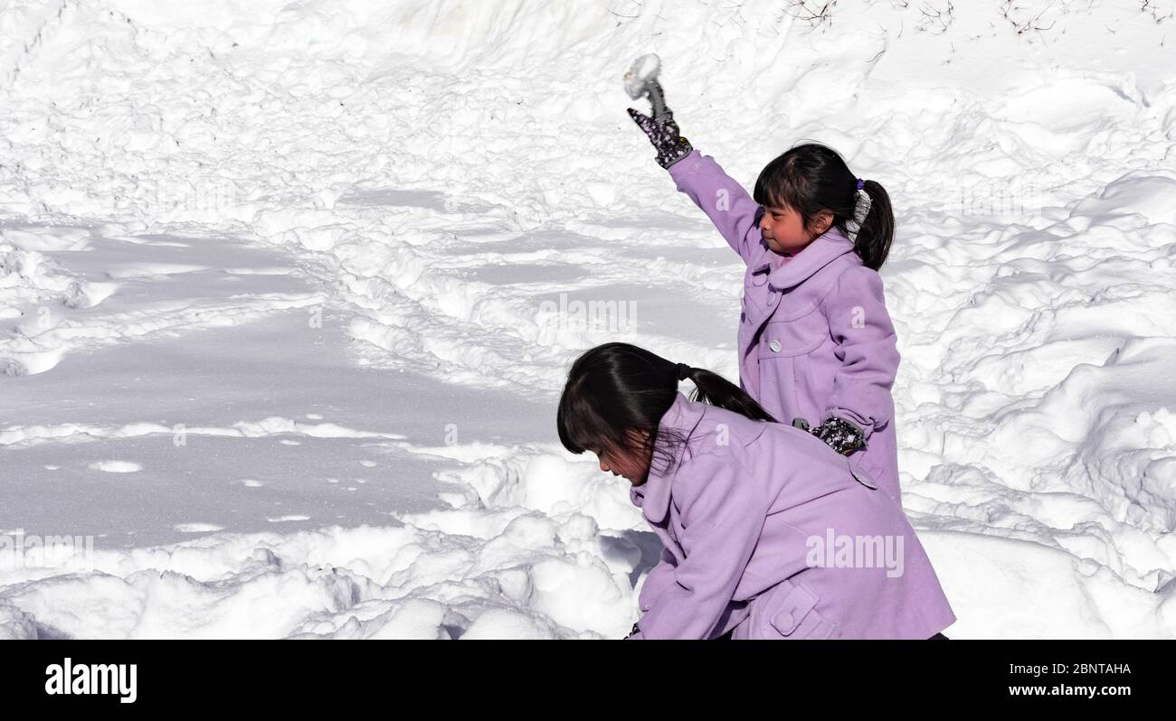 Female child identical twins while playing and throwing snow in a ski ...