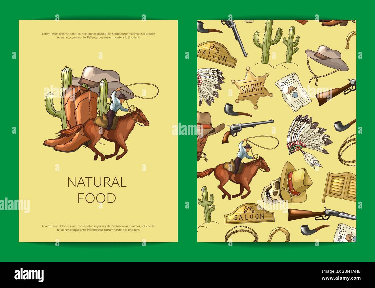 Vector hand drawn wild west cowboy elements card or flyer template ...