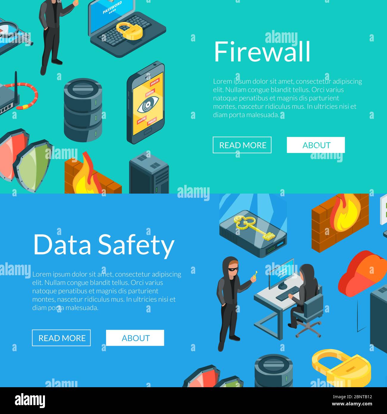 Vector isometric data and computer safety icons web banner templates ...