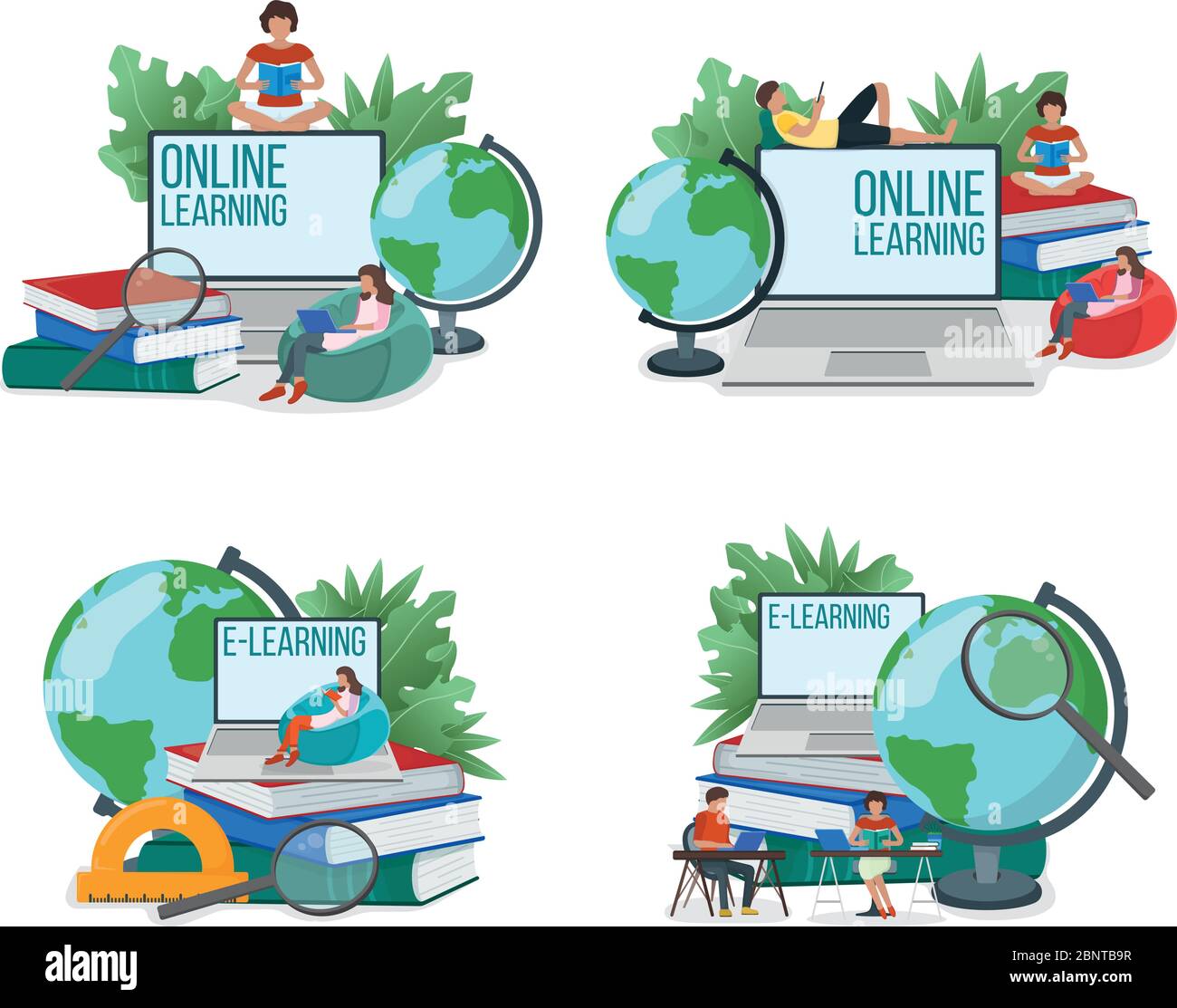 Set of concept online study, e learning modern technology isolated on ...