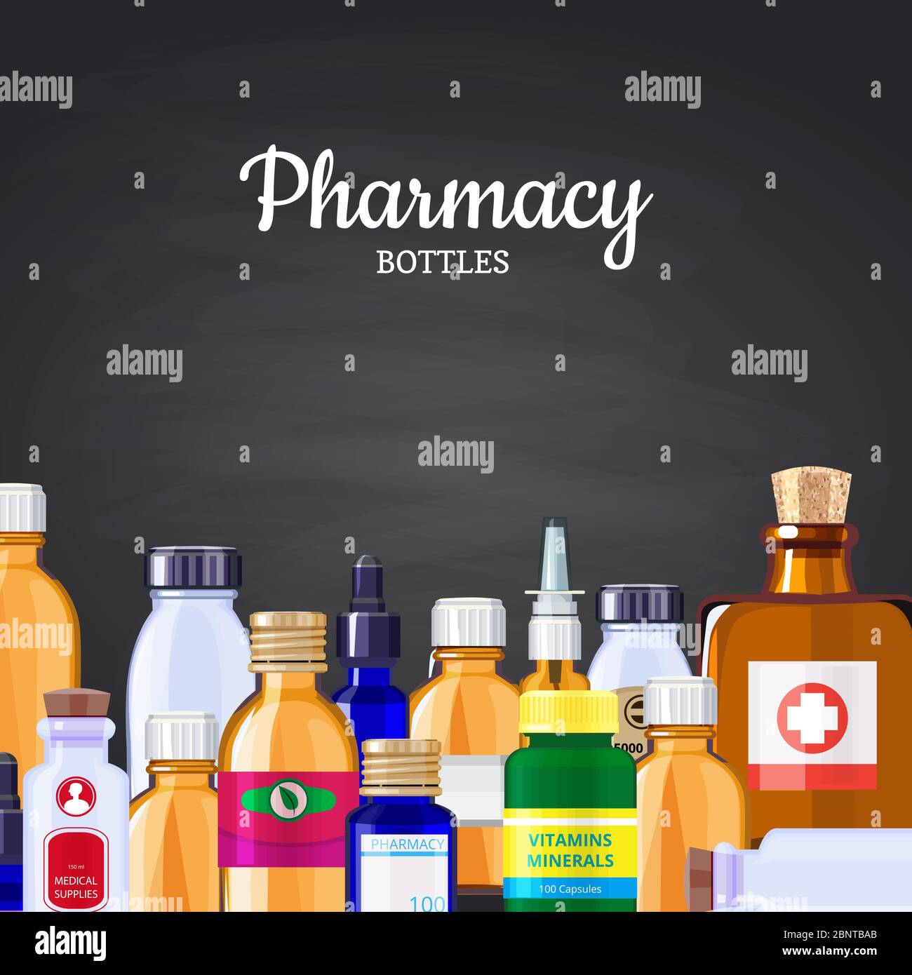 Vector pharmacy medicine bottles background on black chalkboard ...