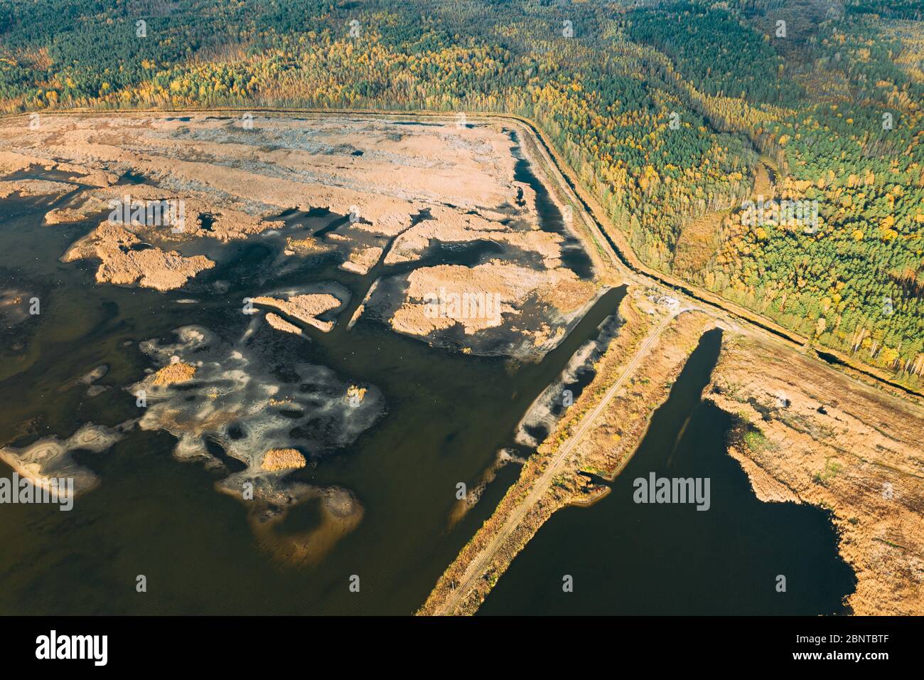 Belarus. Aerial View Of Ponds Autumn Landscape. Ponds Of Fisheries In ...
