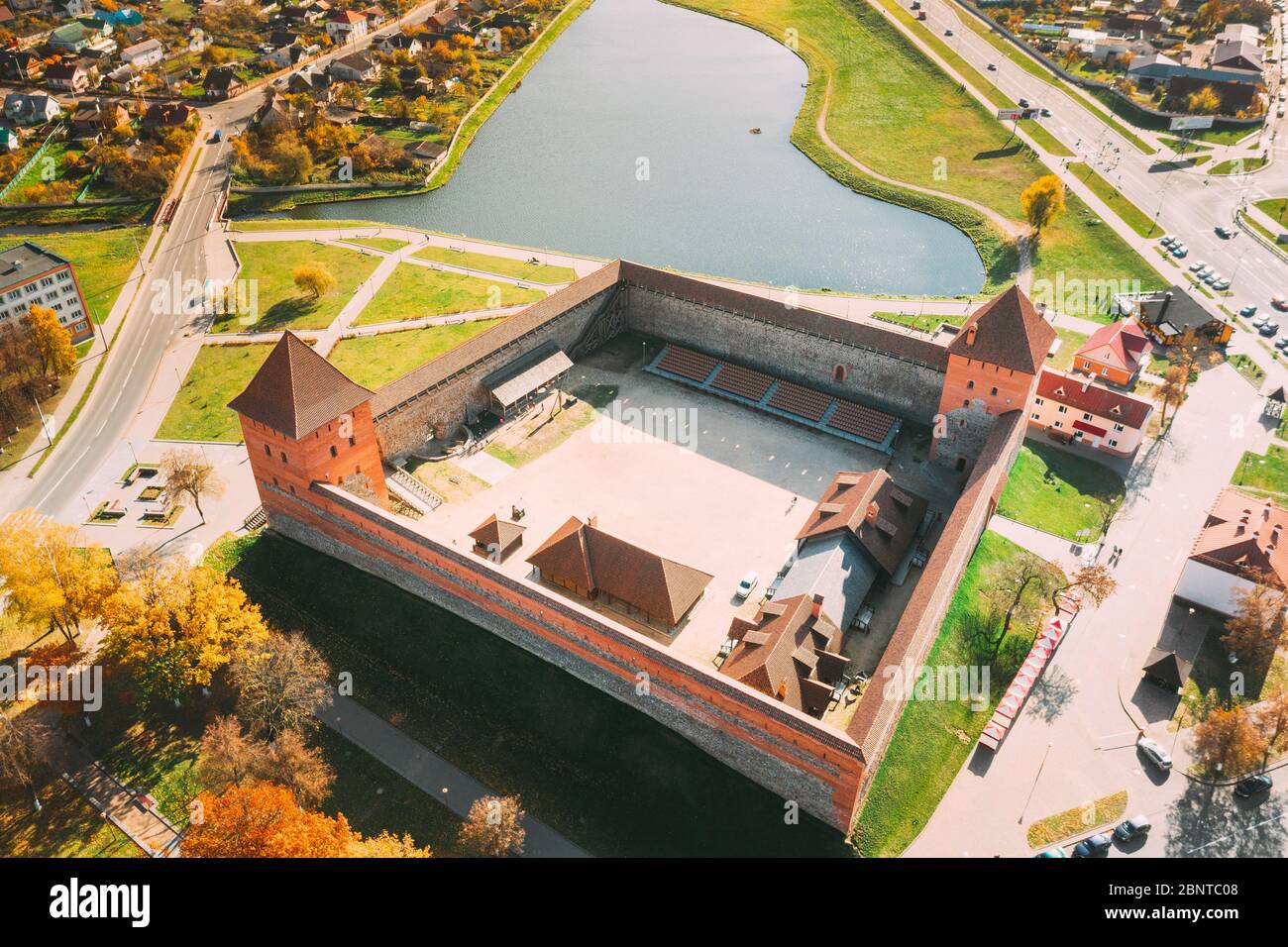 Lida, Belarus. Aerial Bird's-eye View Of Cityscape Skyline. Lida Castle ...
