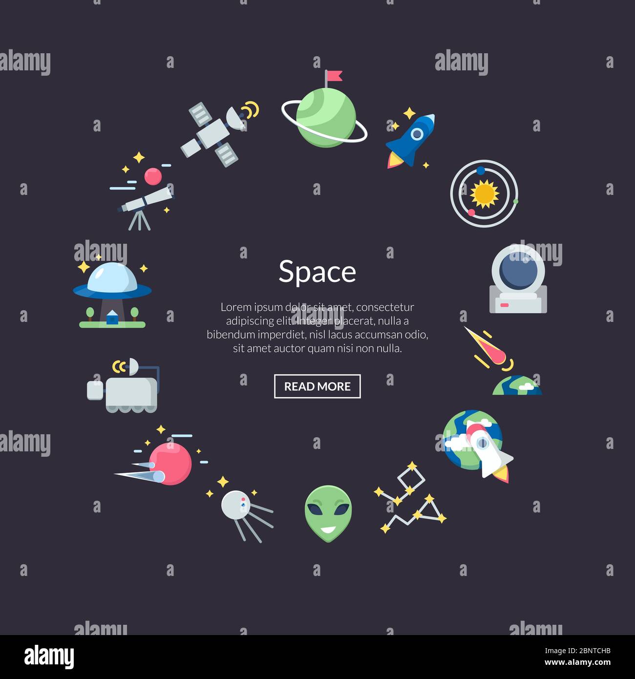 Vector flat space icons in circle shape with place for text ...