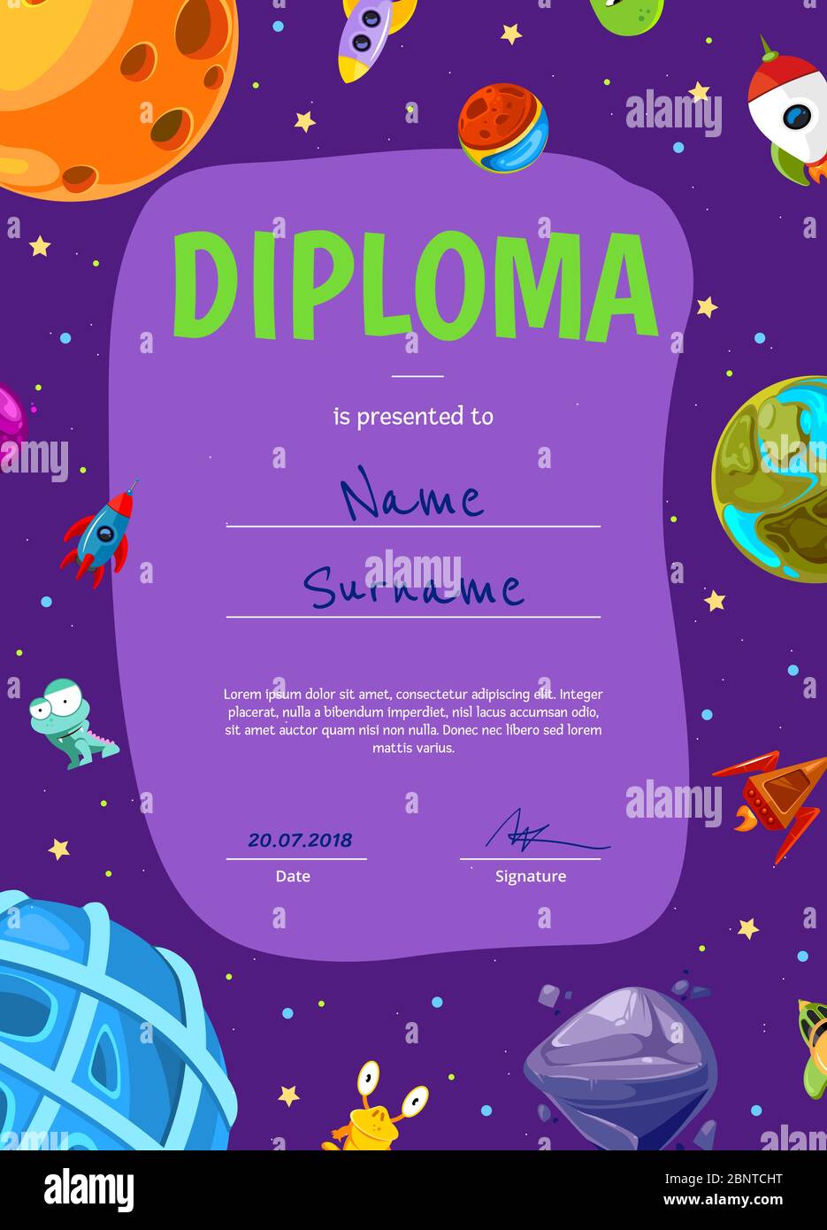 Vector children diploma or certificate template with cartoon space planets and ships Stock ...