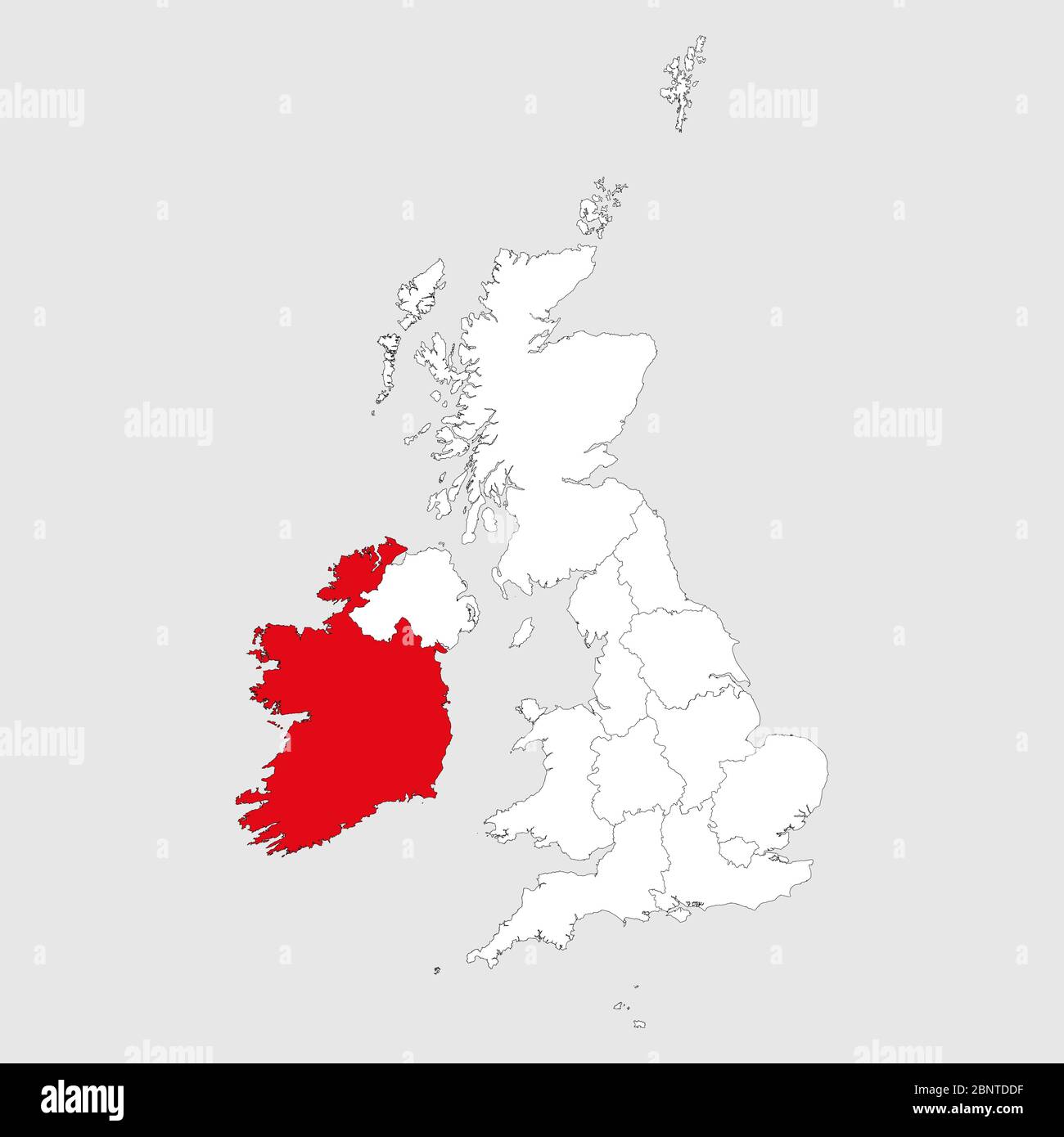 Ireland map highlighted red on united kingdom political map. Light gray ...