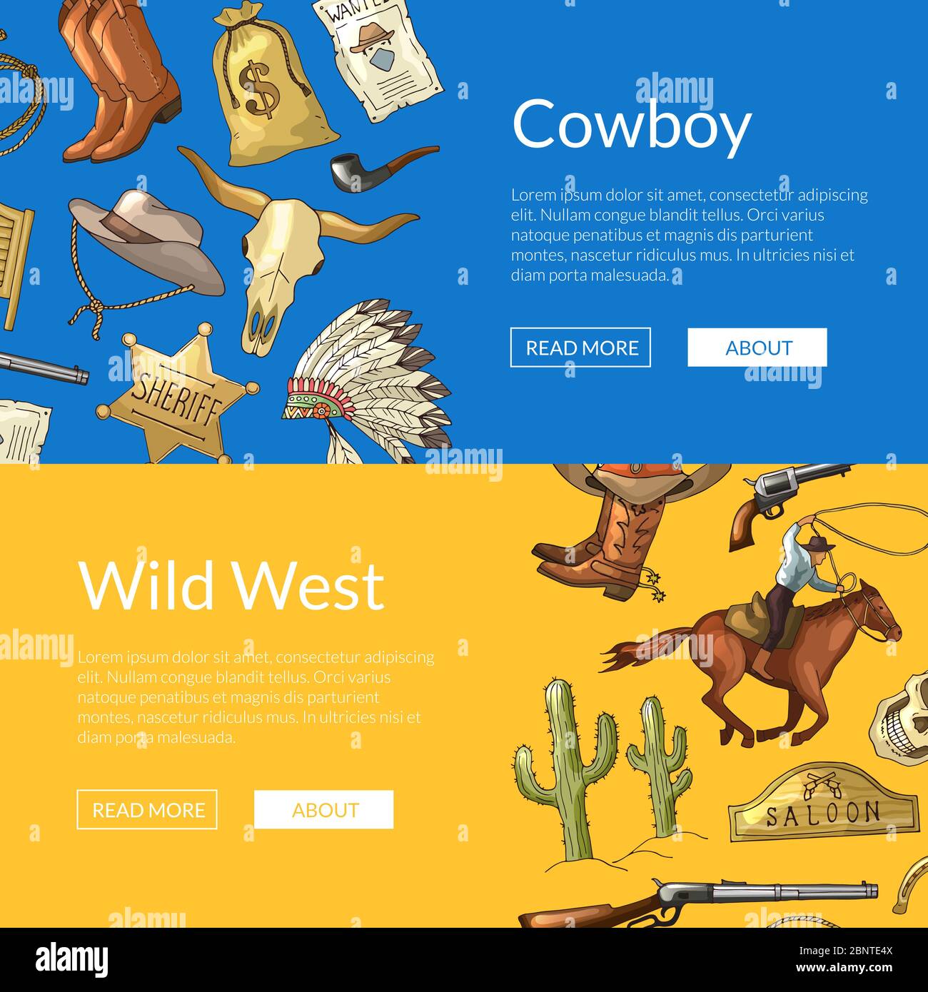 Vector wild west cowboy web banners with horses, cacti and cow skull ...