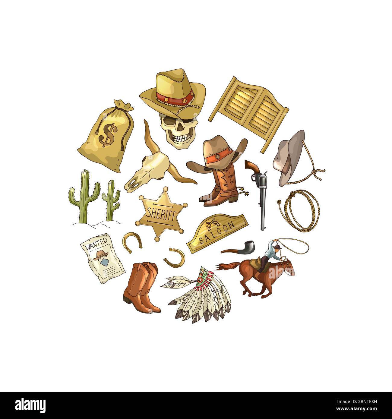 Vector hand drawn wild west cowboy elements in circle shape ...