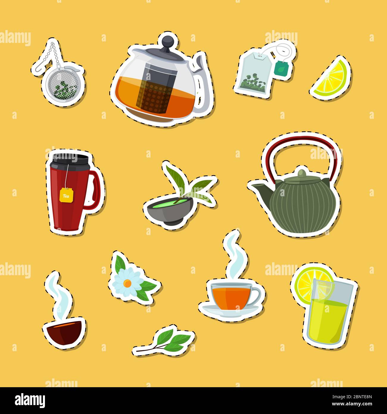 Vector cartoon tea kettles and cups stickers set illustration Stock ...