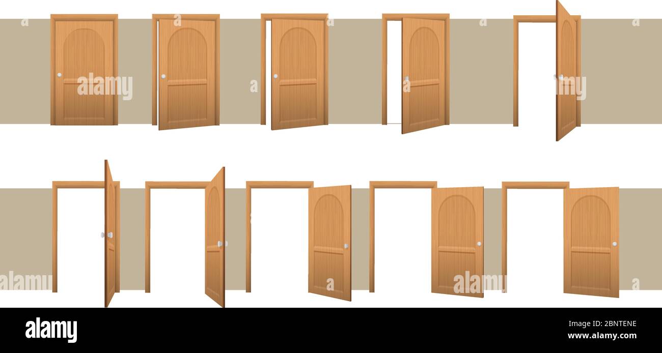 Closed and open door steps. Animation of gradually opening wooden room ...