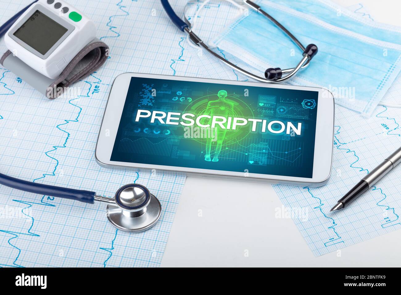 Tablet pc and doctor tools with PRESCRIPTION inscription, coronavirus ...