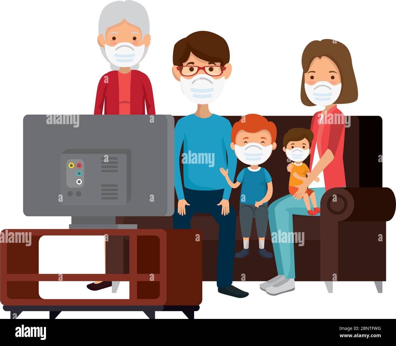 cute family members using face mask watching tv Stock Vector Image ...