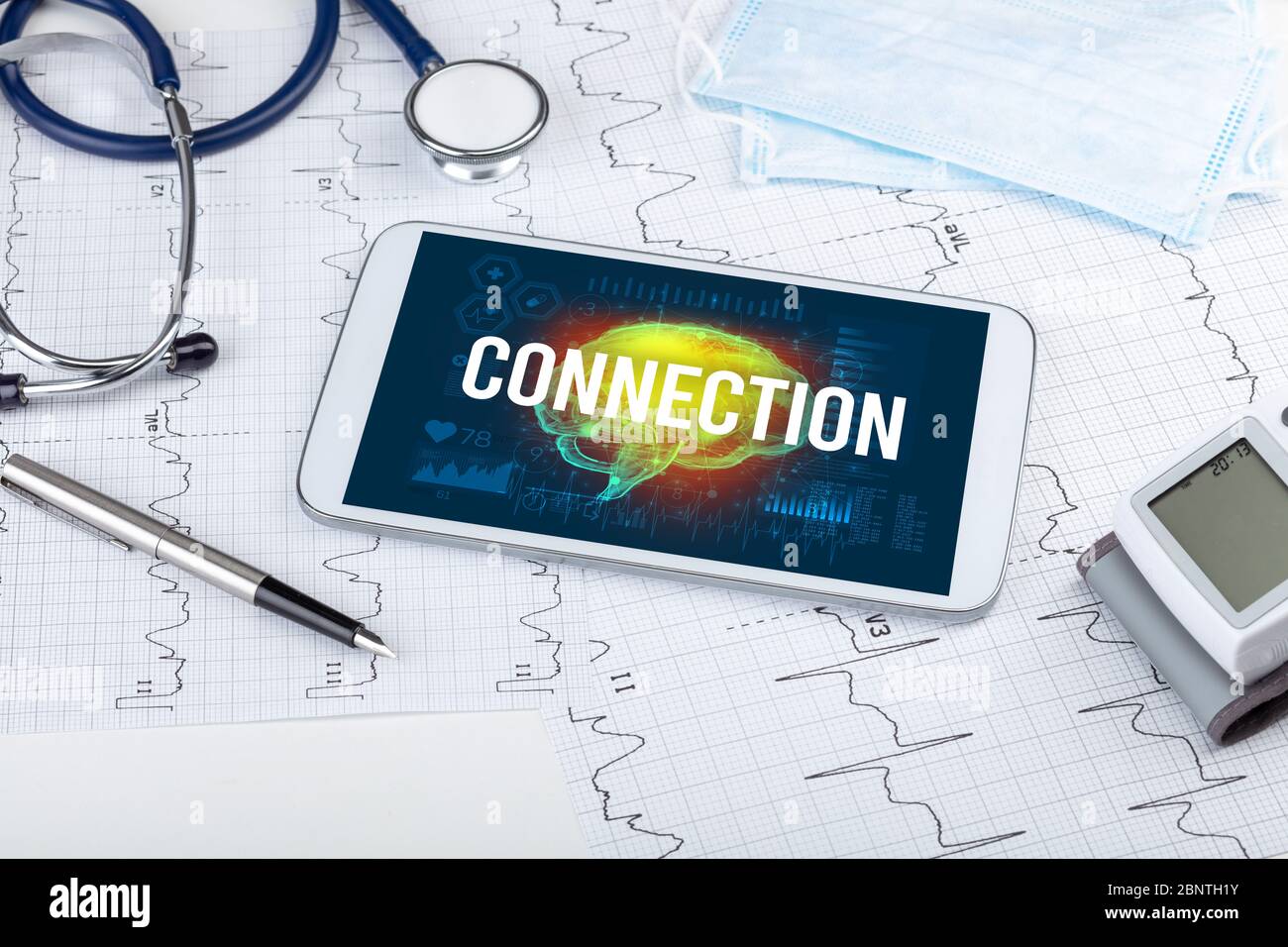 Tablet pc and medical tools with CONNECTION inscription, social ...