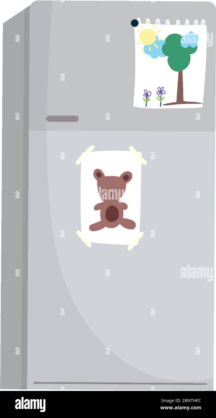 fridge with drawings stickers appliance isolated icon design vector ...