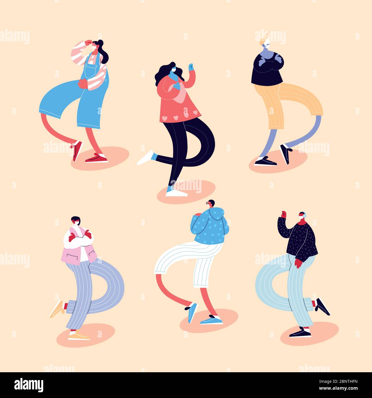 set of people dancing different poses using face masks vector ...