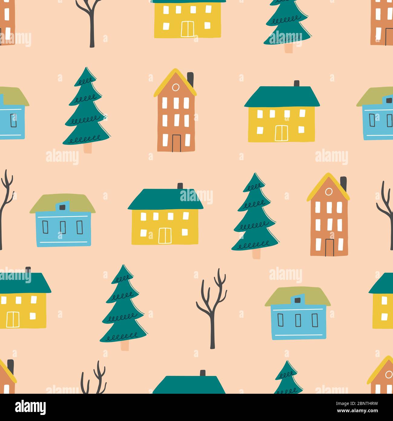 Seamless pattern of childish cartoon town, city with tree and building for fabric, wallpaper ...