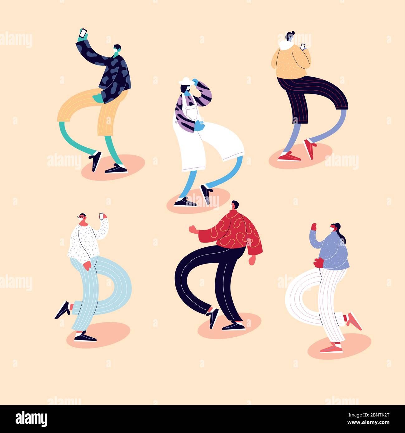 set of people dancing different poses using face masks vector ...