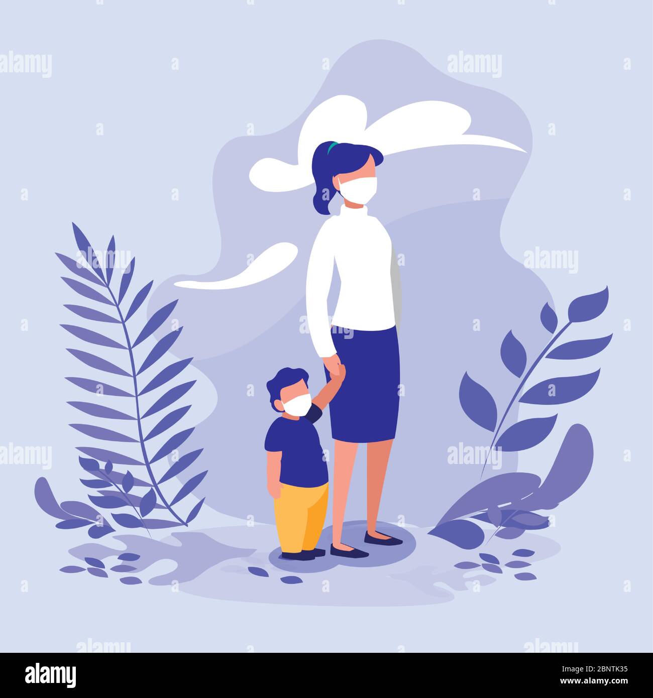 Mother and son with masks outside design of Covid 19 virus theme Vector ...
