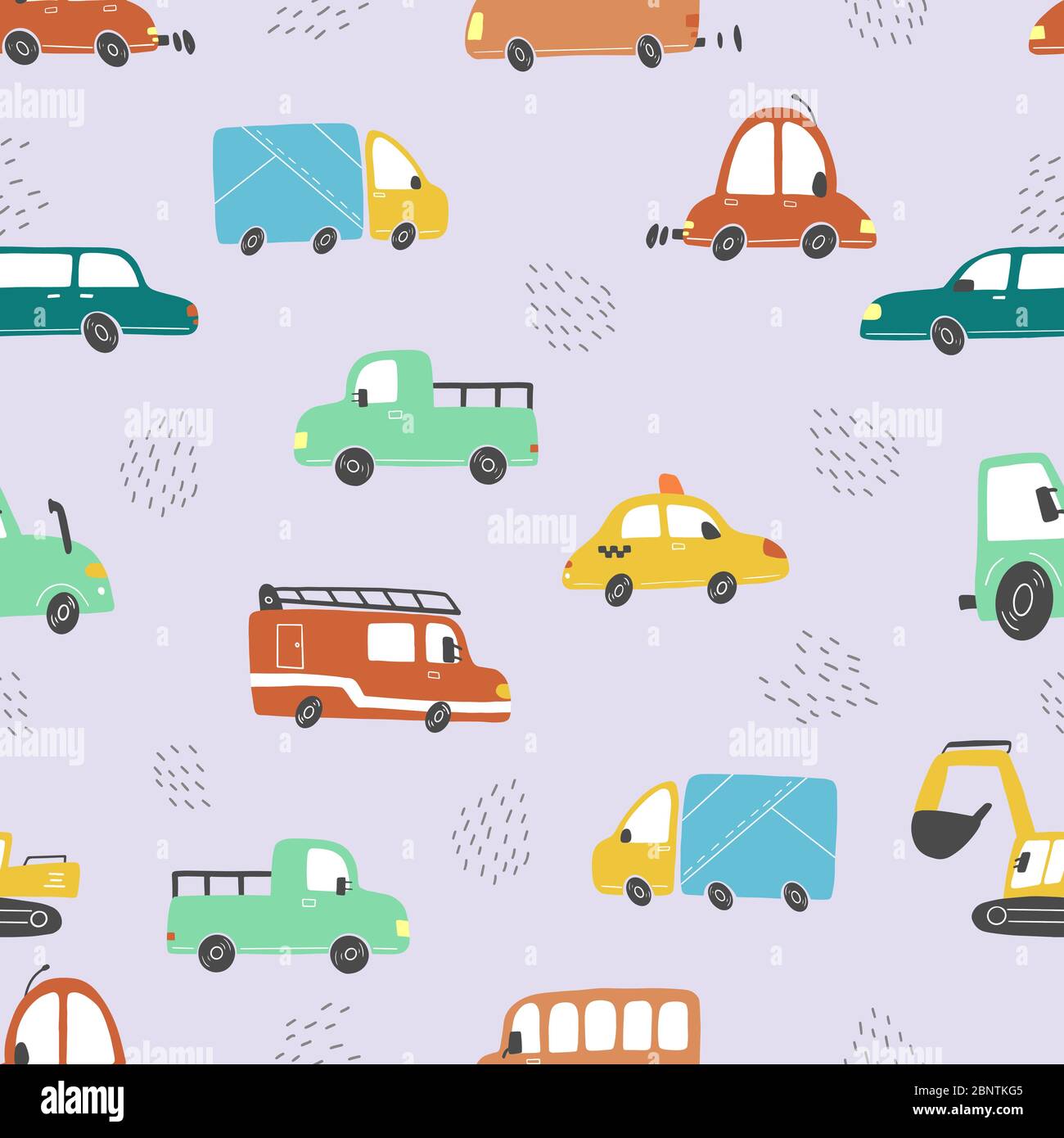 Seamless pattern of childish cartoon town, city map with road and cars for fabric, wallpaper ...