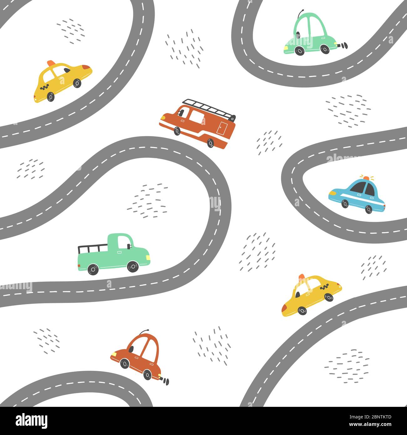 Seamless pattern of childish cartoon town, city map with road and cars for fabric, wallpaper ...
